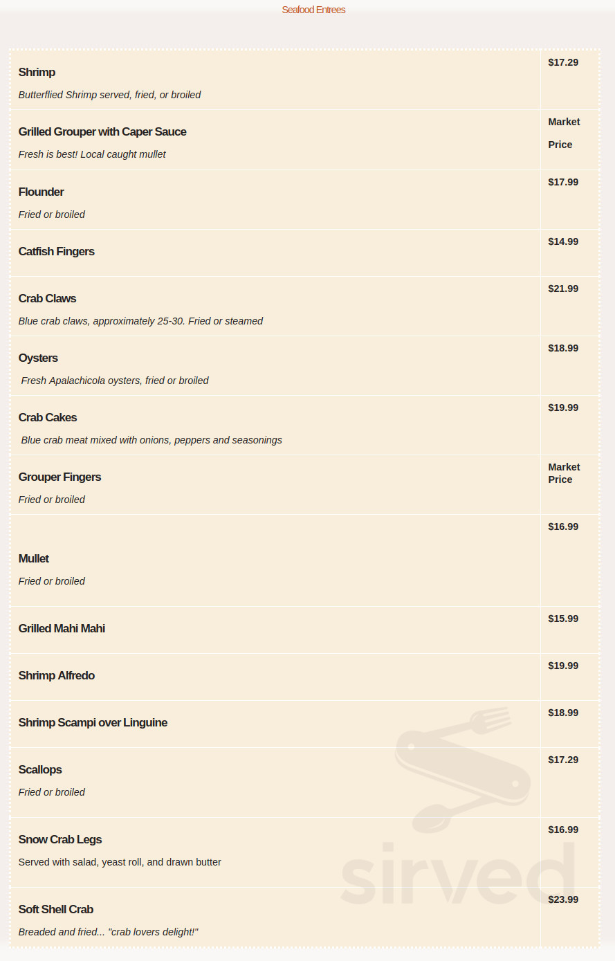 Fiddler's Restaurant and Resort menu in Steinhatchee, Florida, USA