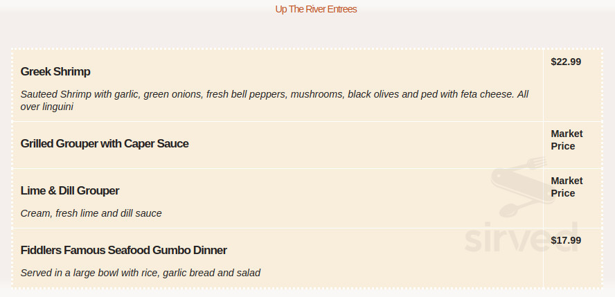 Fiddler's Restaurant and Resort menu in Steinhatchee, Florida, USA