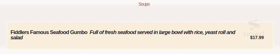 Fiddler's Restaurant and Resort menu in Steinhatchee, Florida, USA