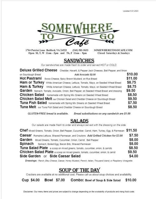 Somewhere To Go Cafe menu in Bedford, Virginia, USA