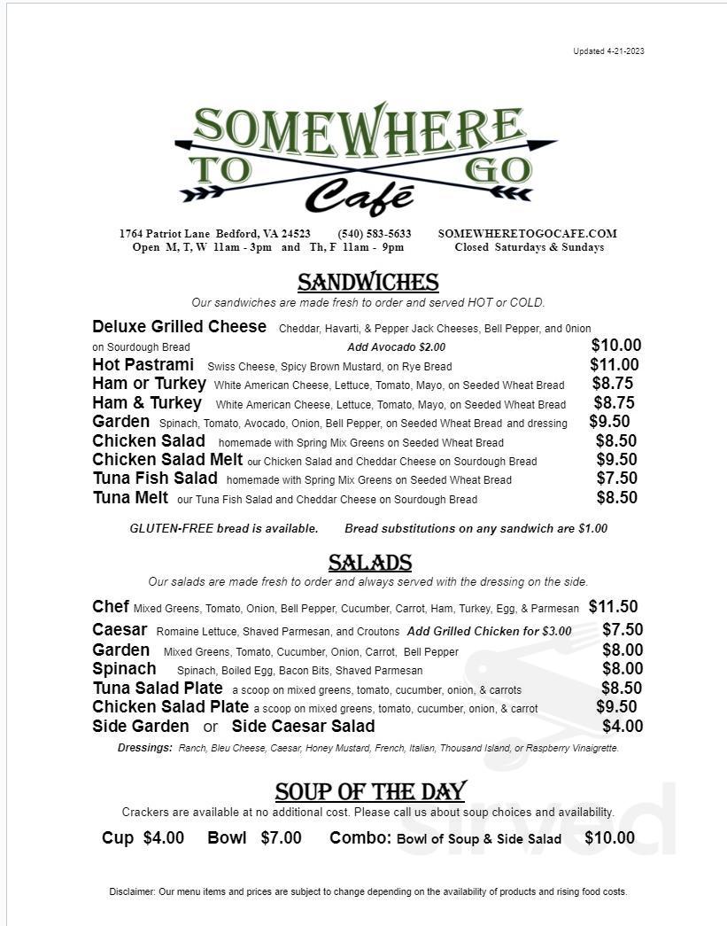 Somewhere To Go Cafe menu in Bedford, Virginia, USA