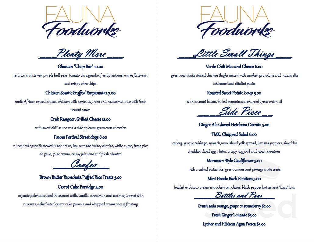 Menu for Fauna Foodworks in Jackson, MS | Sirved