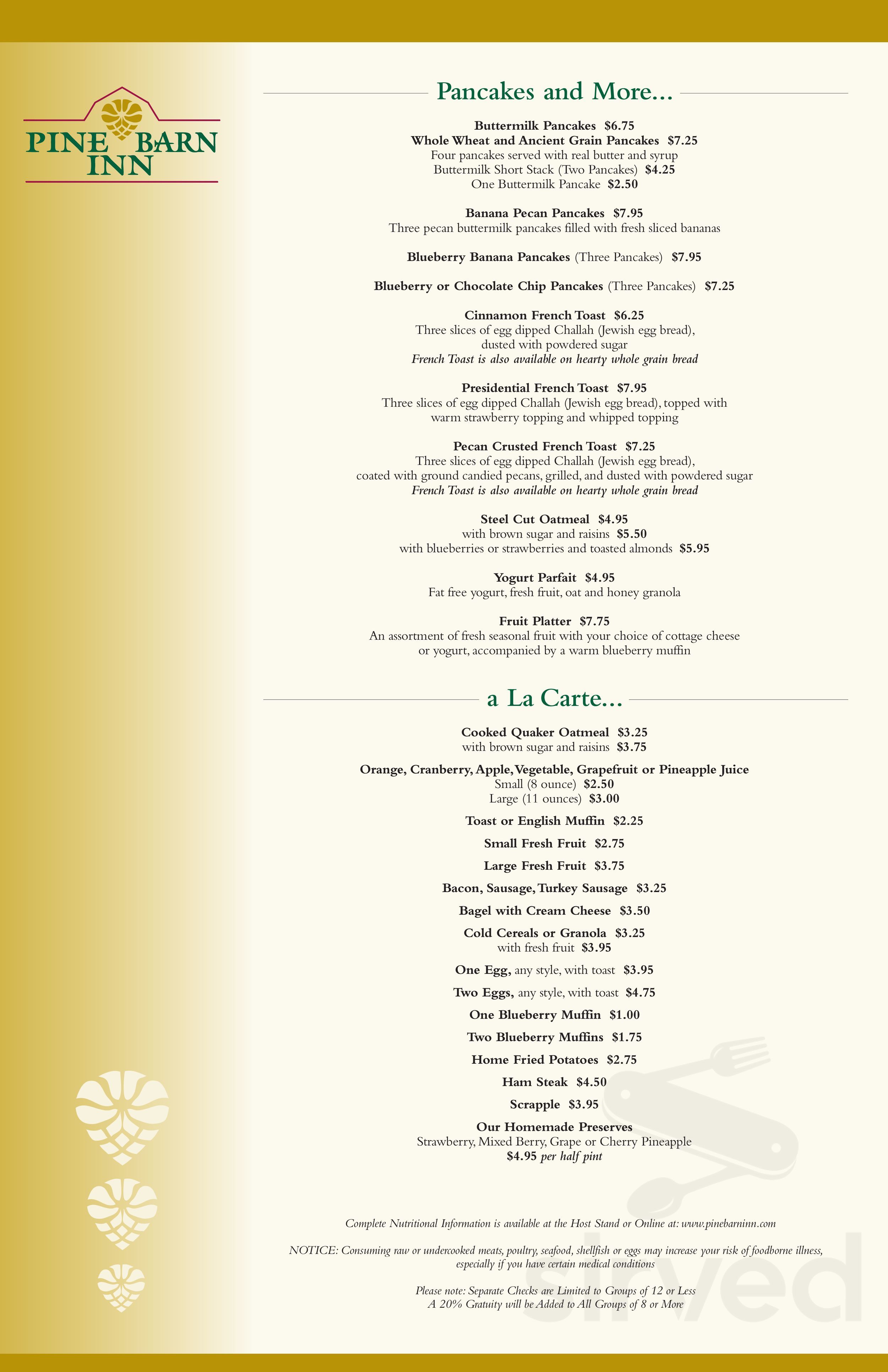 Pine Barn Inn menu in Danville, Pennsylvania, USA