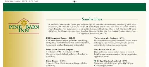 Menu for Pine Barn Inn in Danville, PA | Sirved