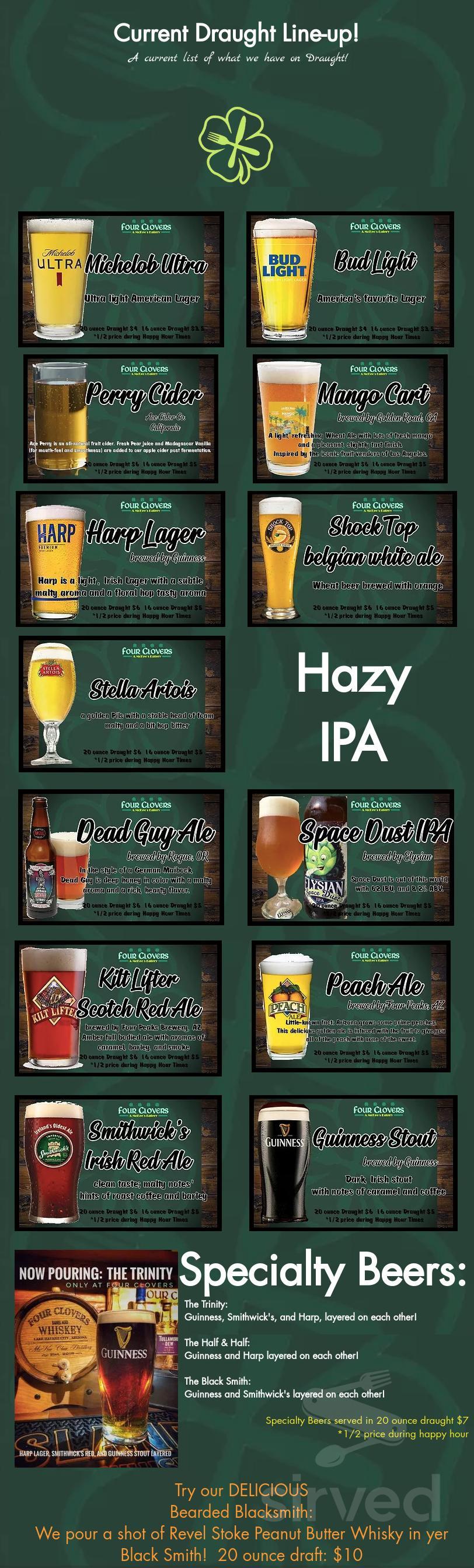 Menu - Lake Havasu City AZ's Four Clovers Restaurant | Sirved