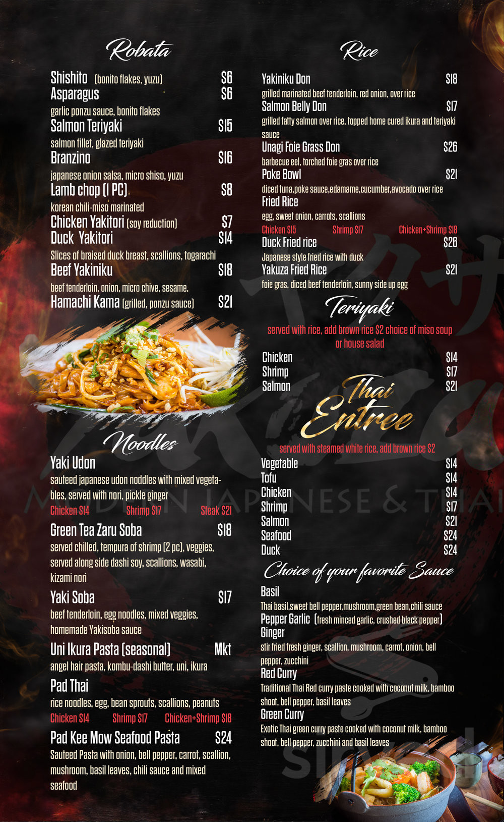 Yakuza Modern Japanese and Thai menu in Pompano Beach, Florida, USA