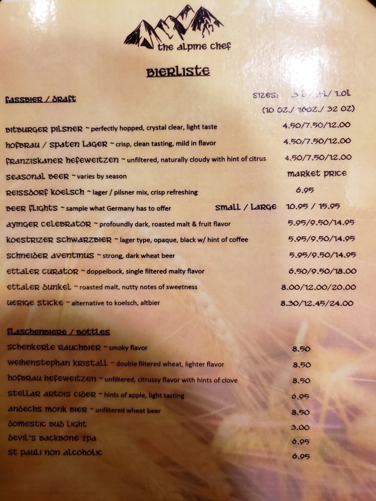 The Alpine Chef menu in Fredericksburg, Virginia, USA