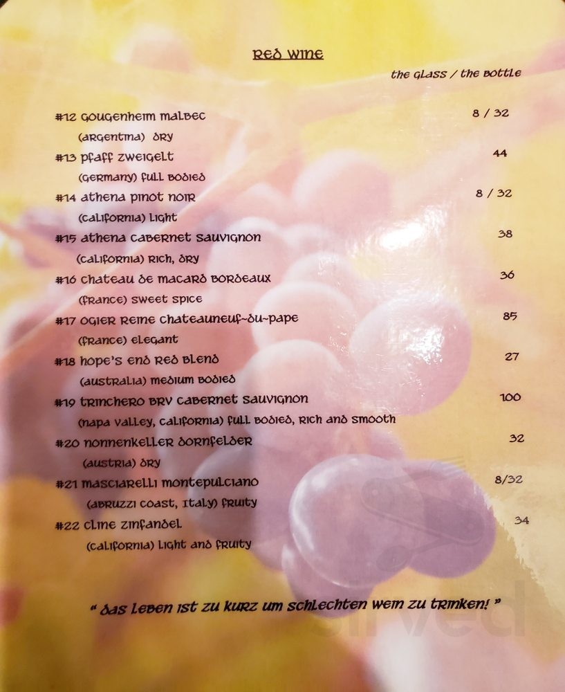 The Alpine Chef menu in Fredericksburg, Virginia, USA
