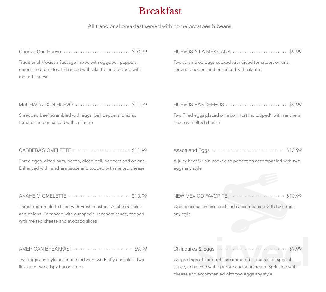 Cabrera's Mexican Restaurant menu in Pasadena, California, USA