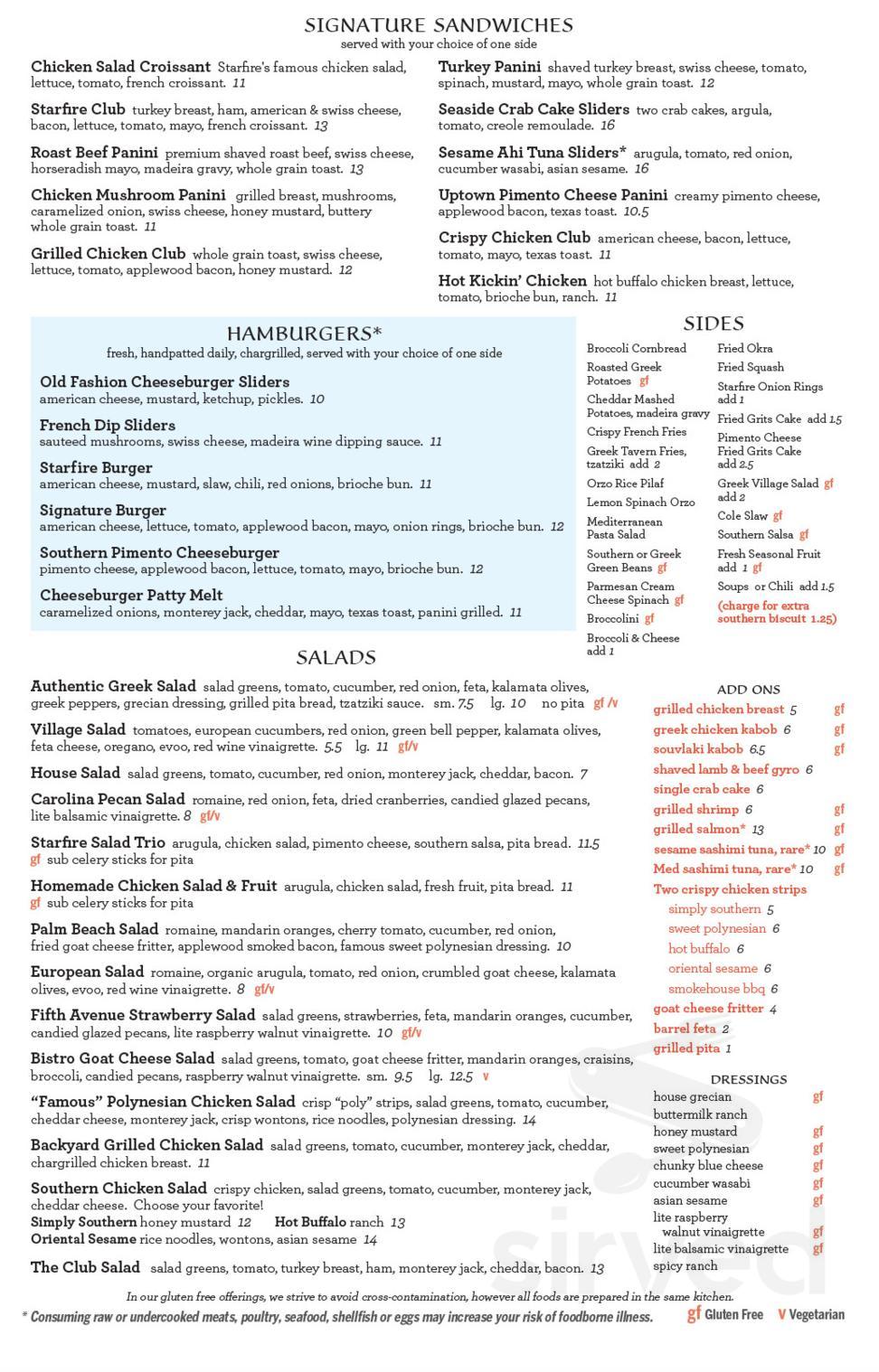 Starfire Grill menu in Florence, South Carolina, USA