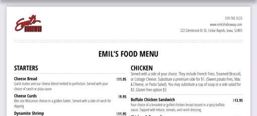 Emil's Hideaway Menu - Cedar Rapids, Iowa | Sirved