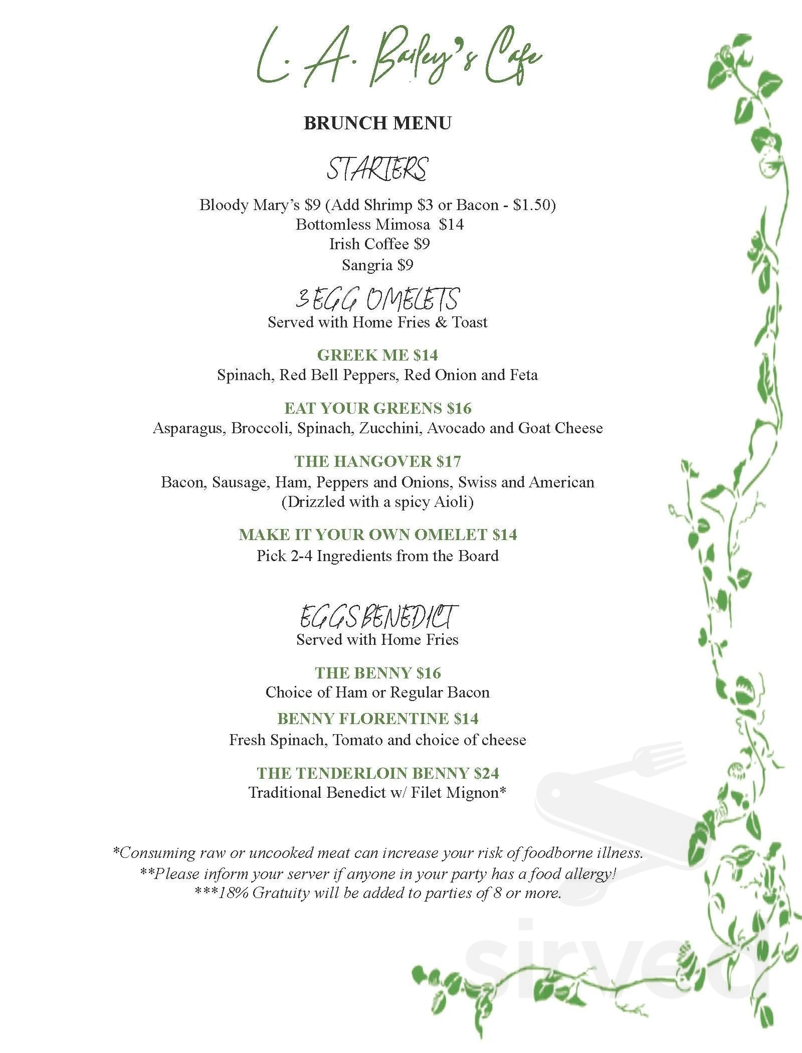 L A Bailey's Cafe menu in Cranston, Rhode Island, USA