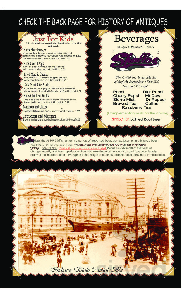 Shallo's Antique Restaurant & Brewhaus menu in Indianapolis, Indiana, USA