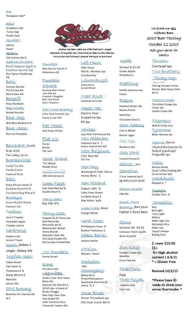 Shallo's Antique Restaurant & Brewhaus menu in Indianapolis, Indiana, USA