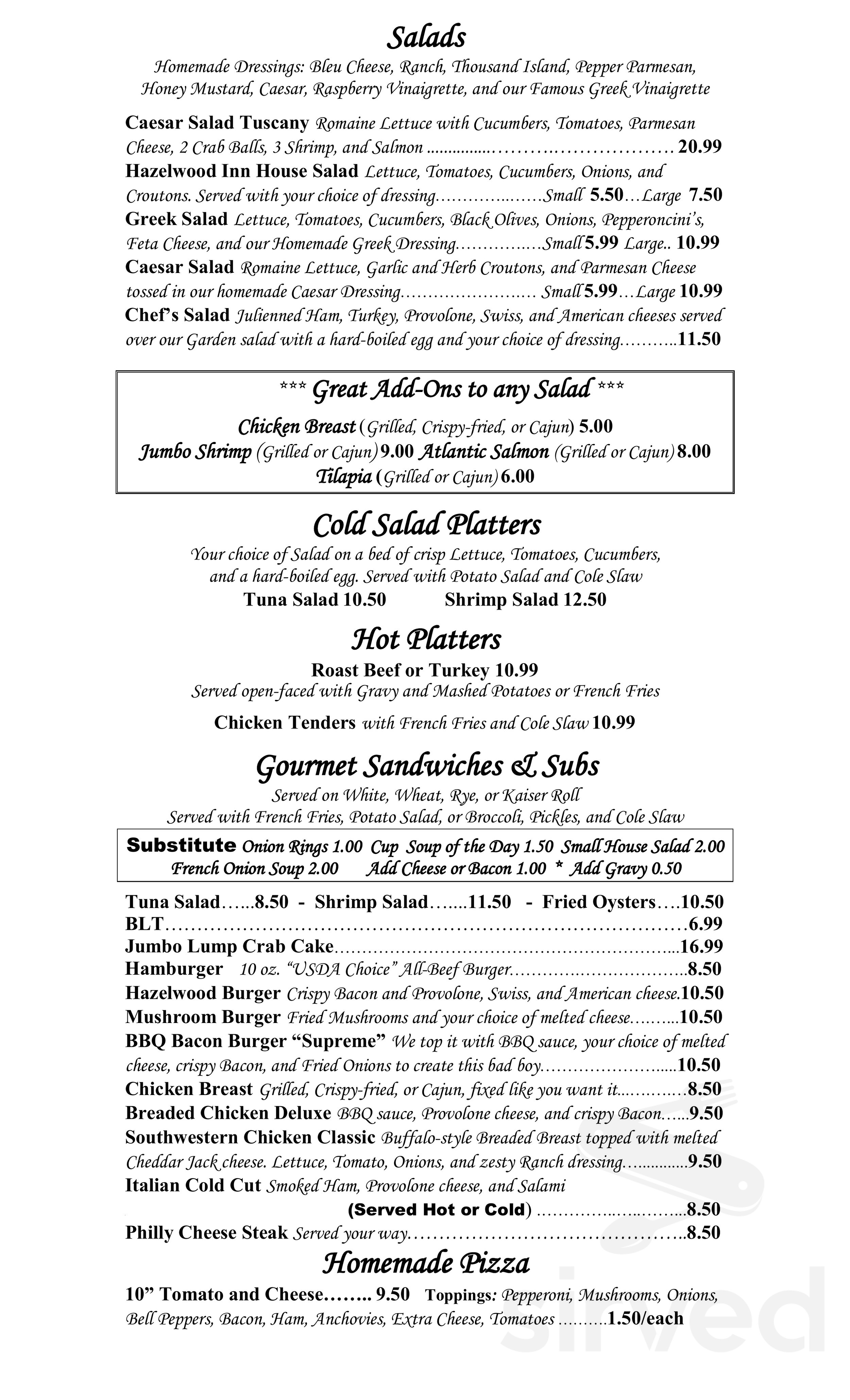 Hazelwood Inn menu in Baltimore, Maryland, USA