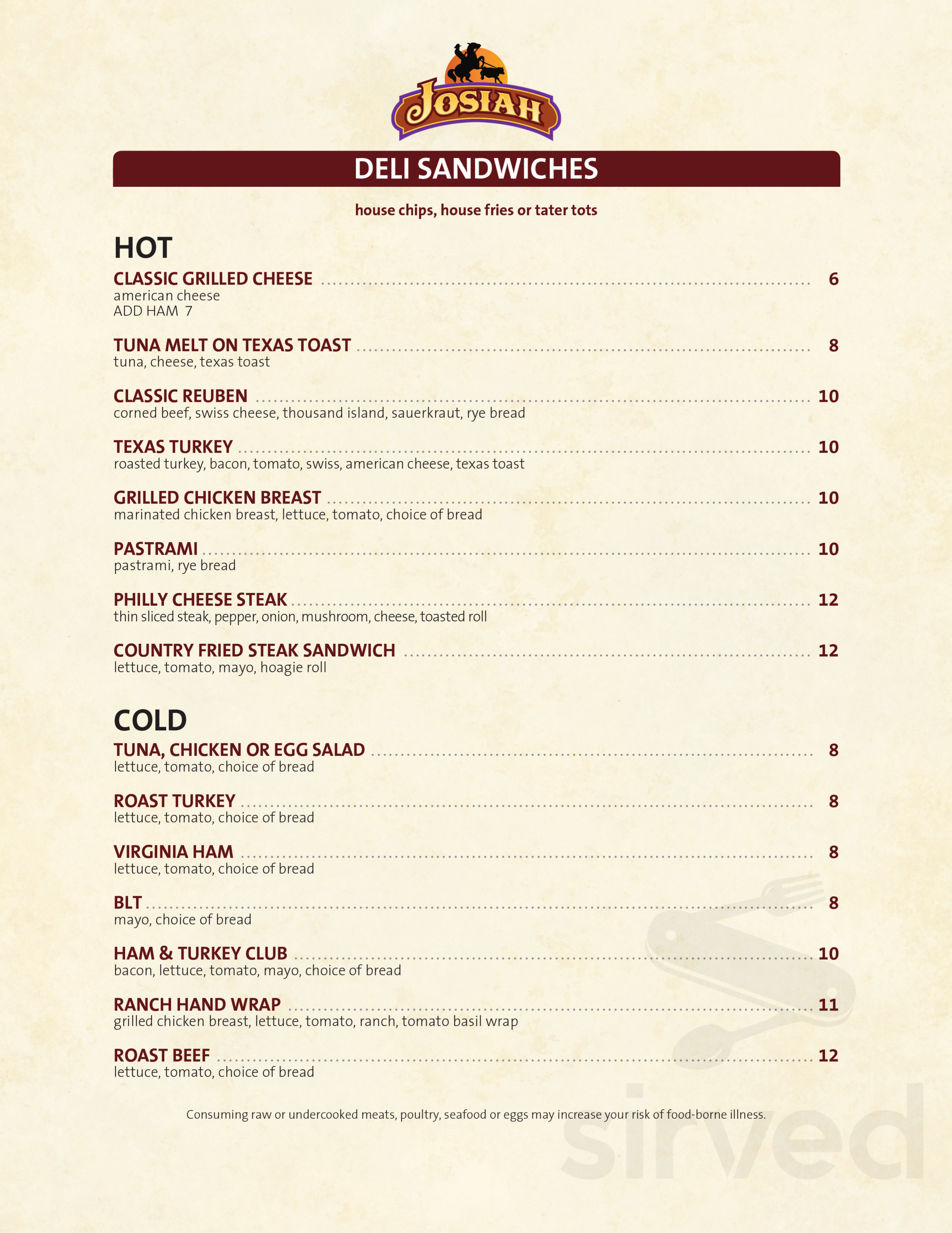 Menu - Okeechobee FL's Josiah Restaurant & Lounge (in Seminole Casino ...