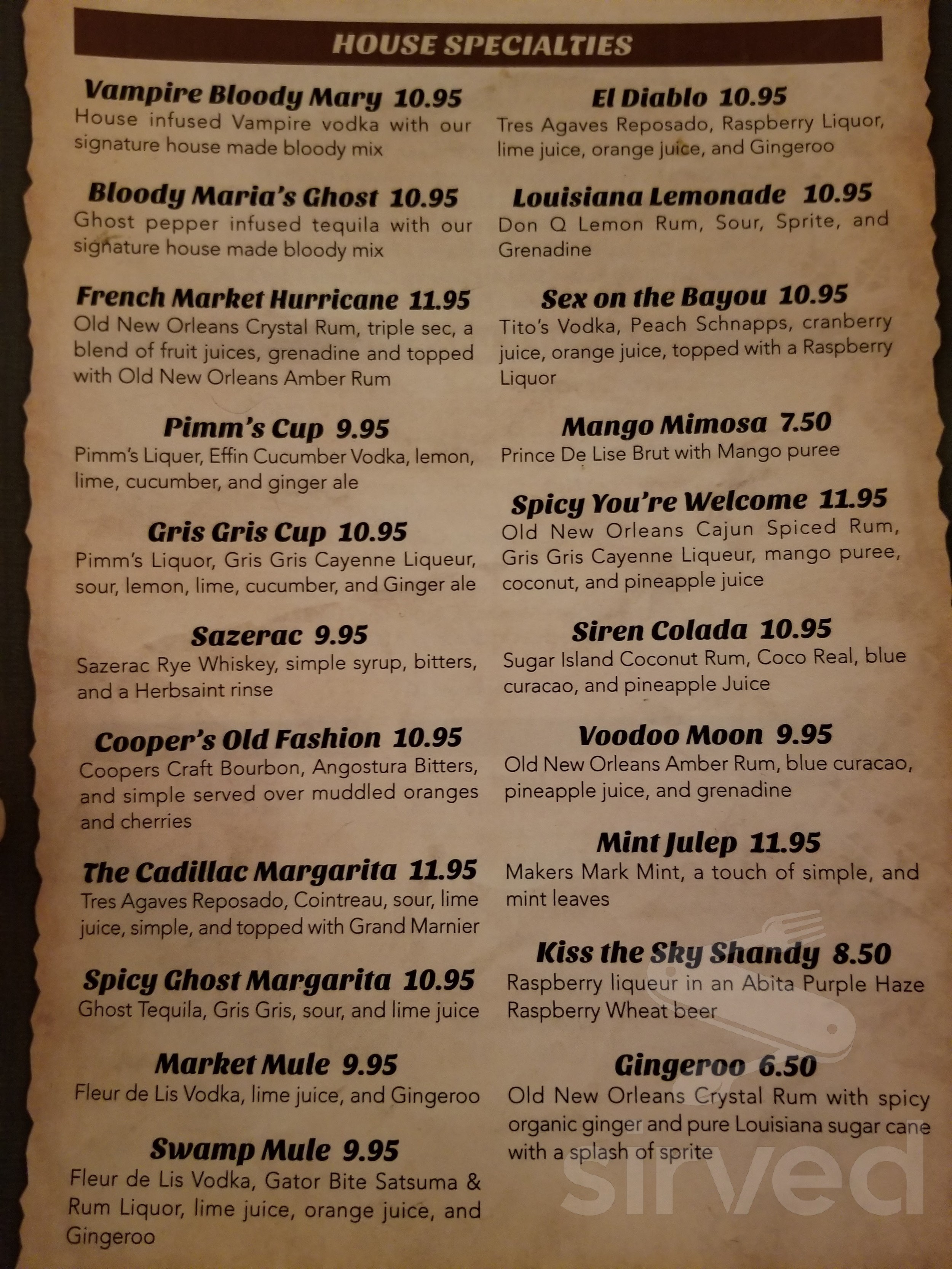 The Original French Market Restaurant and Bar menu in New Orleans ...