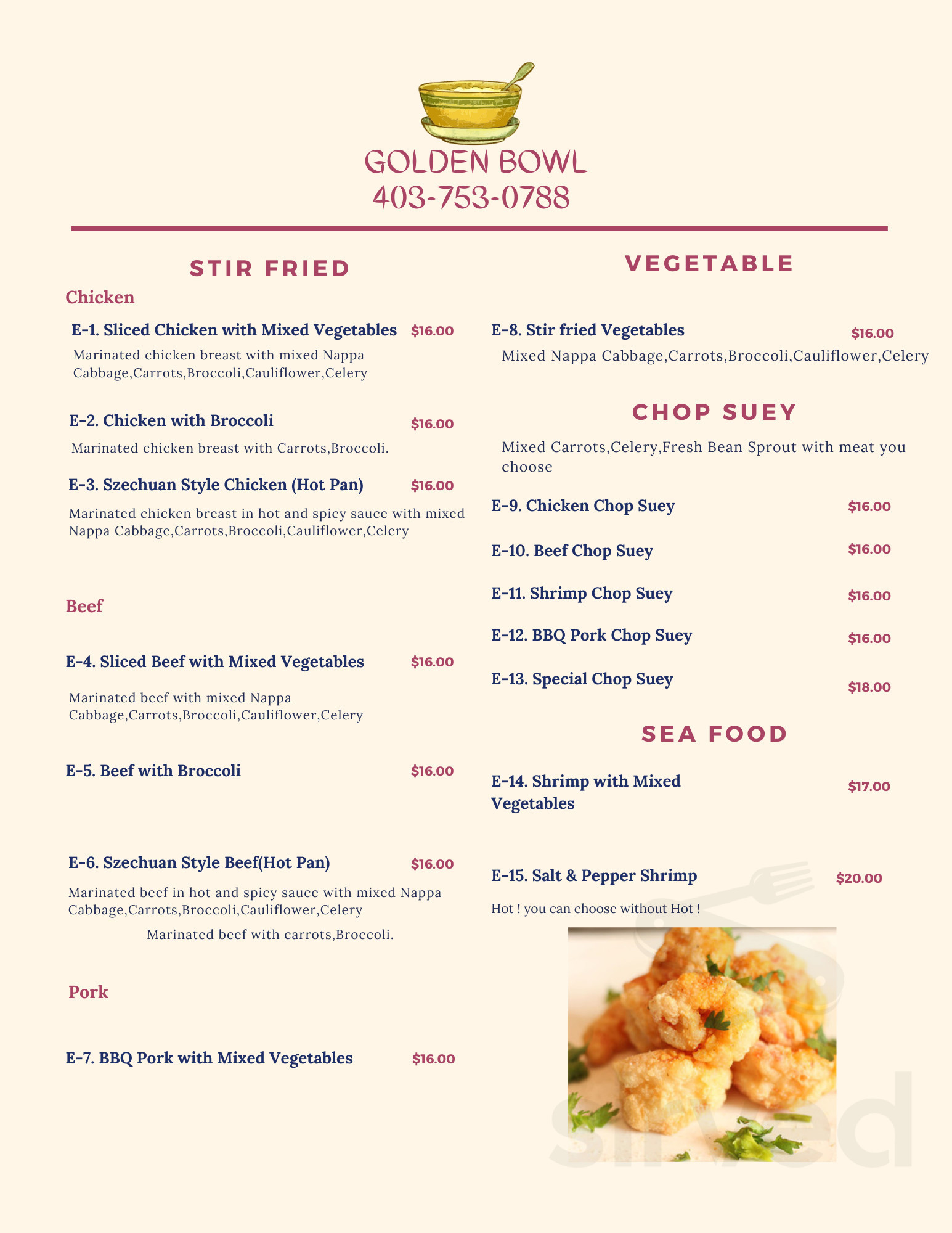 Golden Bowl menus in Blairmore, Alberta, Canada