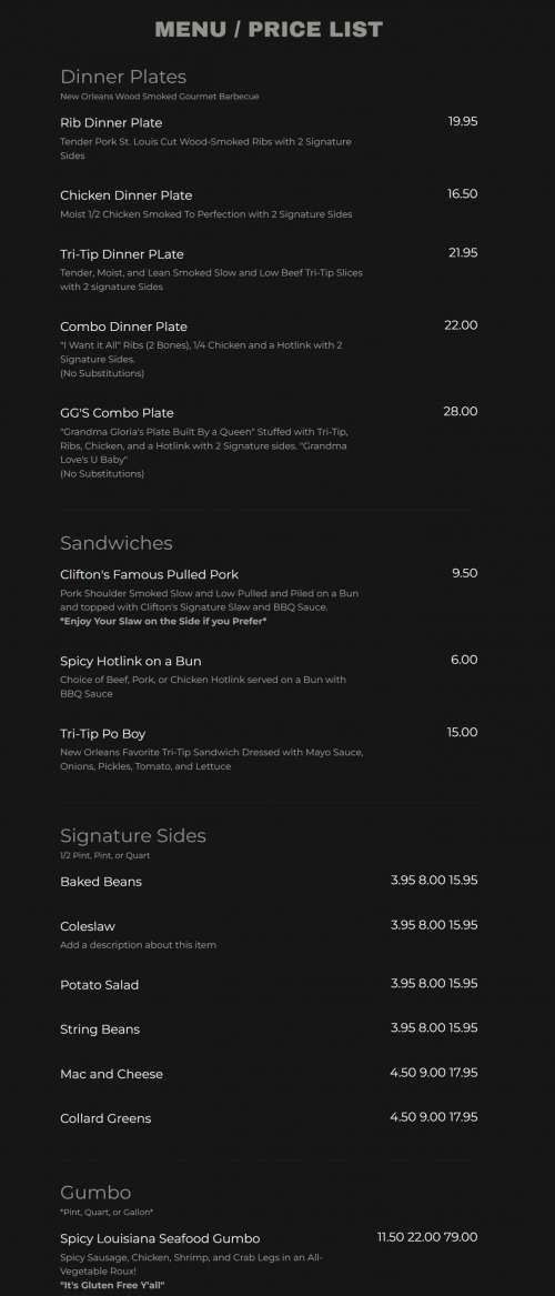 Clifton's Gourmet BBQ menu in Pasadena, California, USA