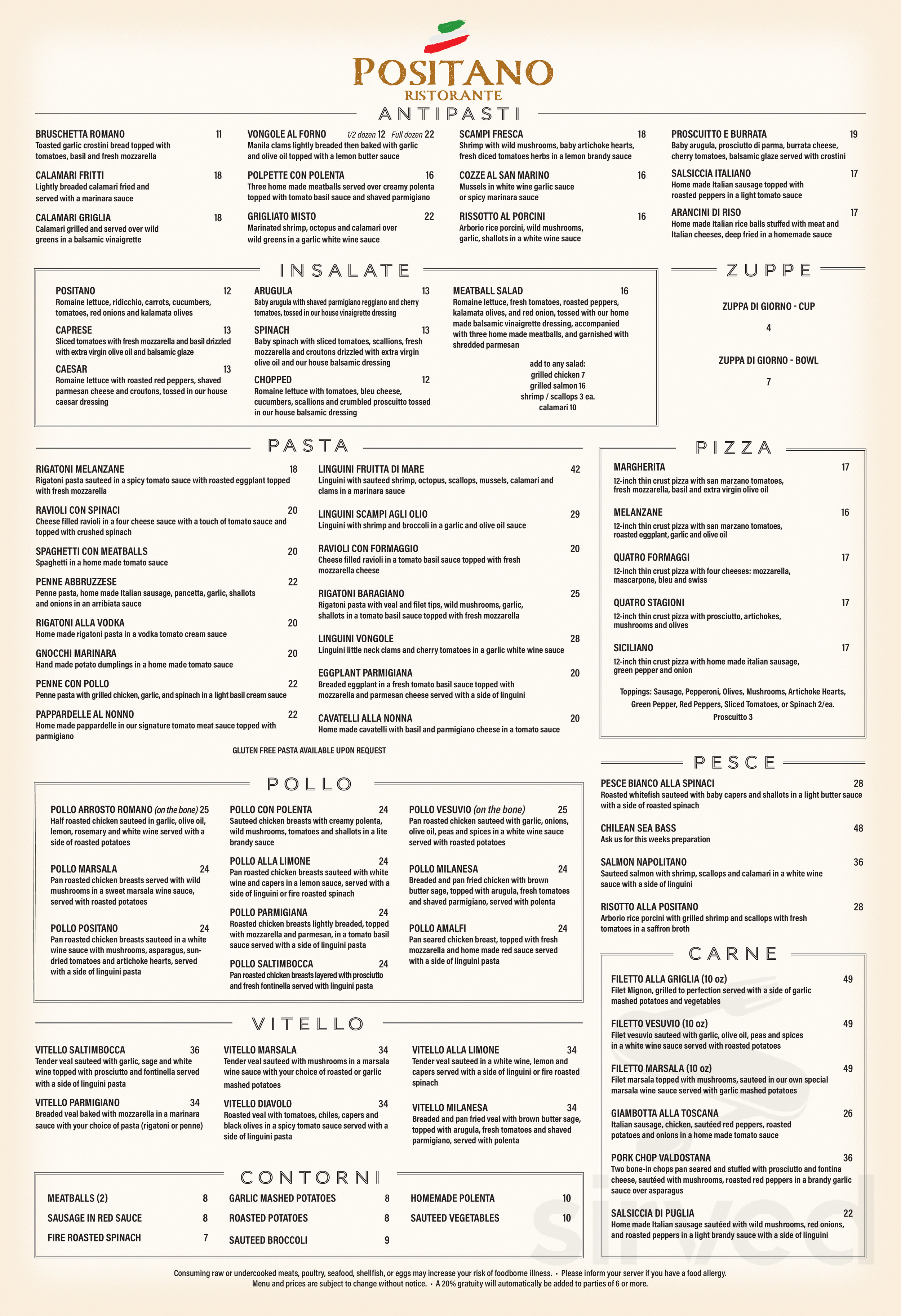 Positano Ristorante menu in Oakbrook Terrace, Illinois, USA