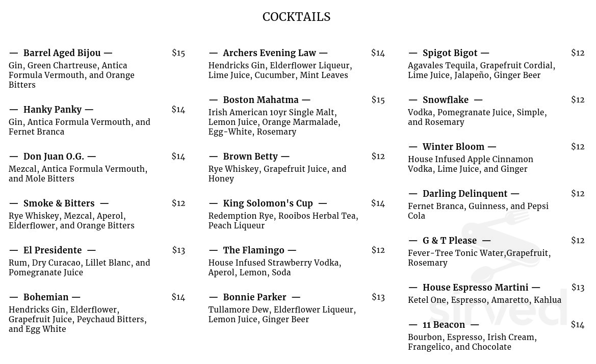 Menu for Carrie Nation Cocktail Club in Boston, MA | Sirved