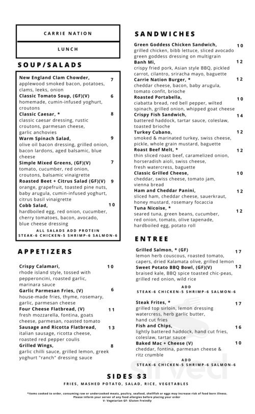Menu for Carrie Nation Cocktail Club in Boston, MA | Sirved