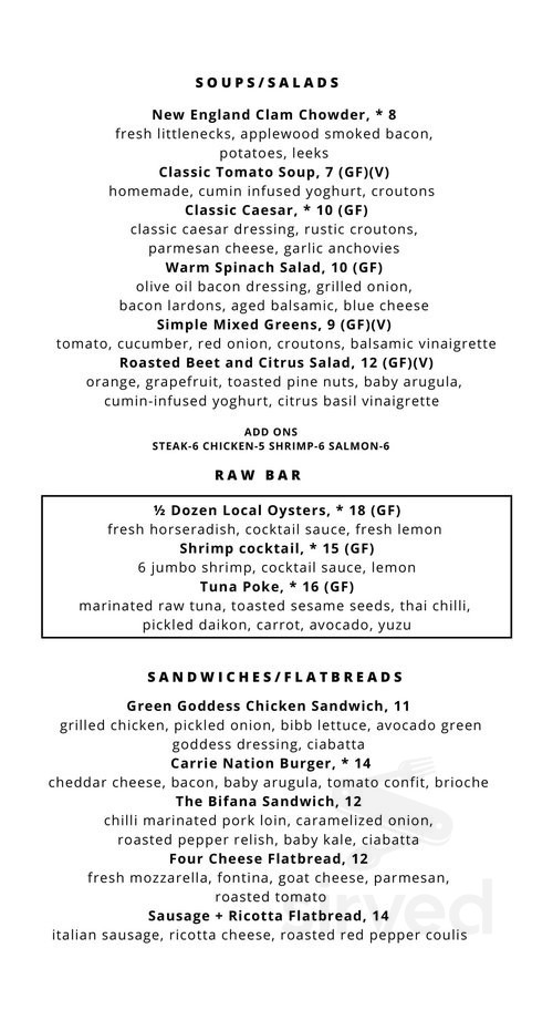 Carrie Nation Cocktail Club menu in Boston, Massachusetts, USA