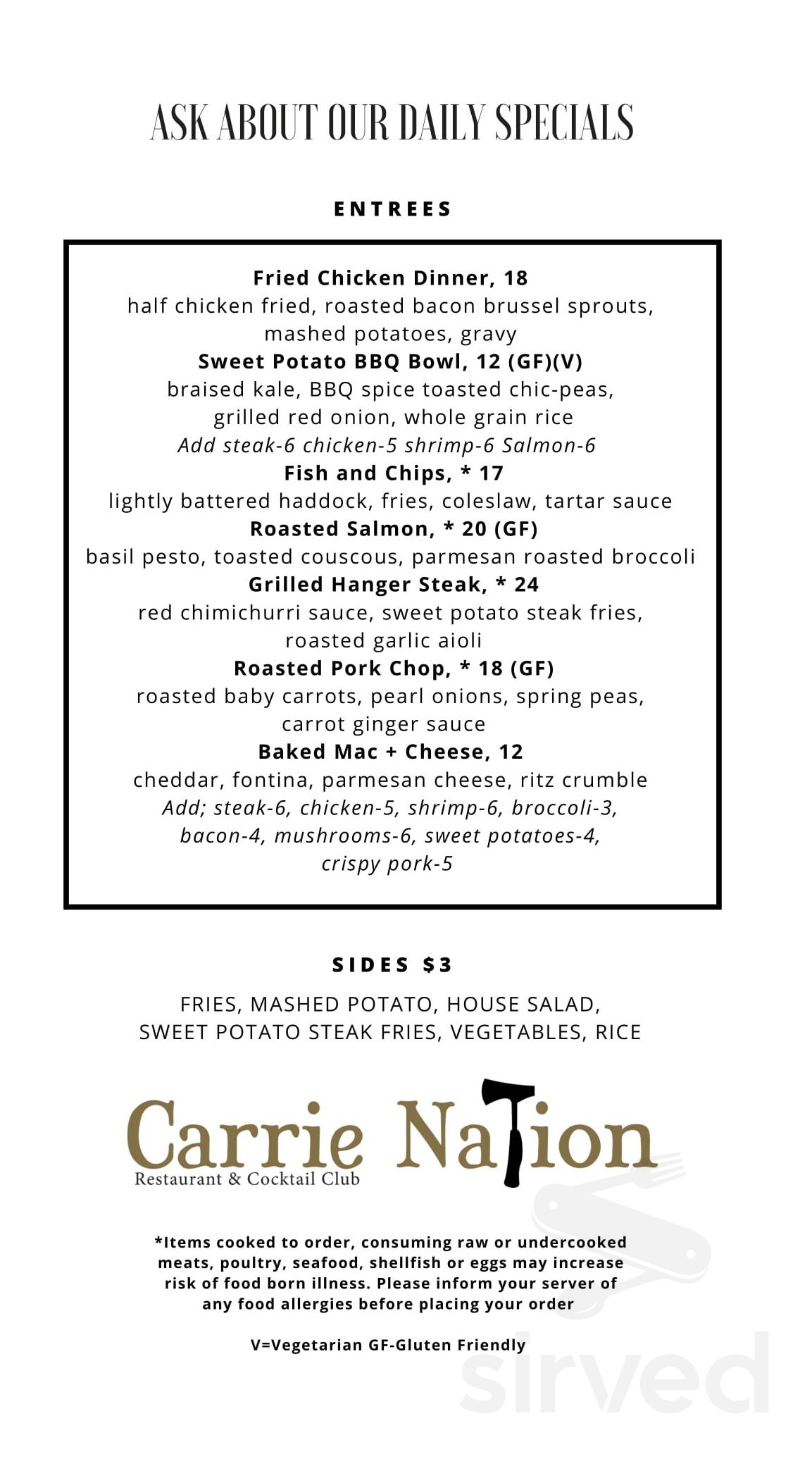 Menu for Carrie Nation Cocktail Club in Boston, MA | Sirved
