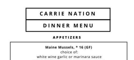 Menu for Carrie Nation Cocktail Club in Boston, MA | Sirved