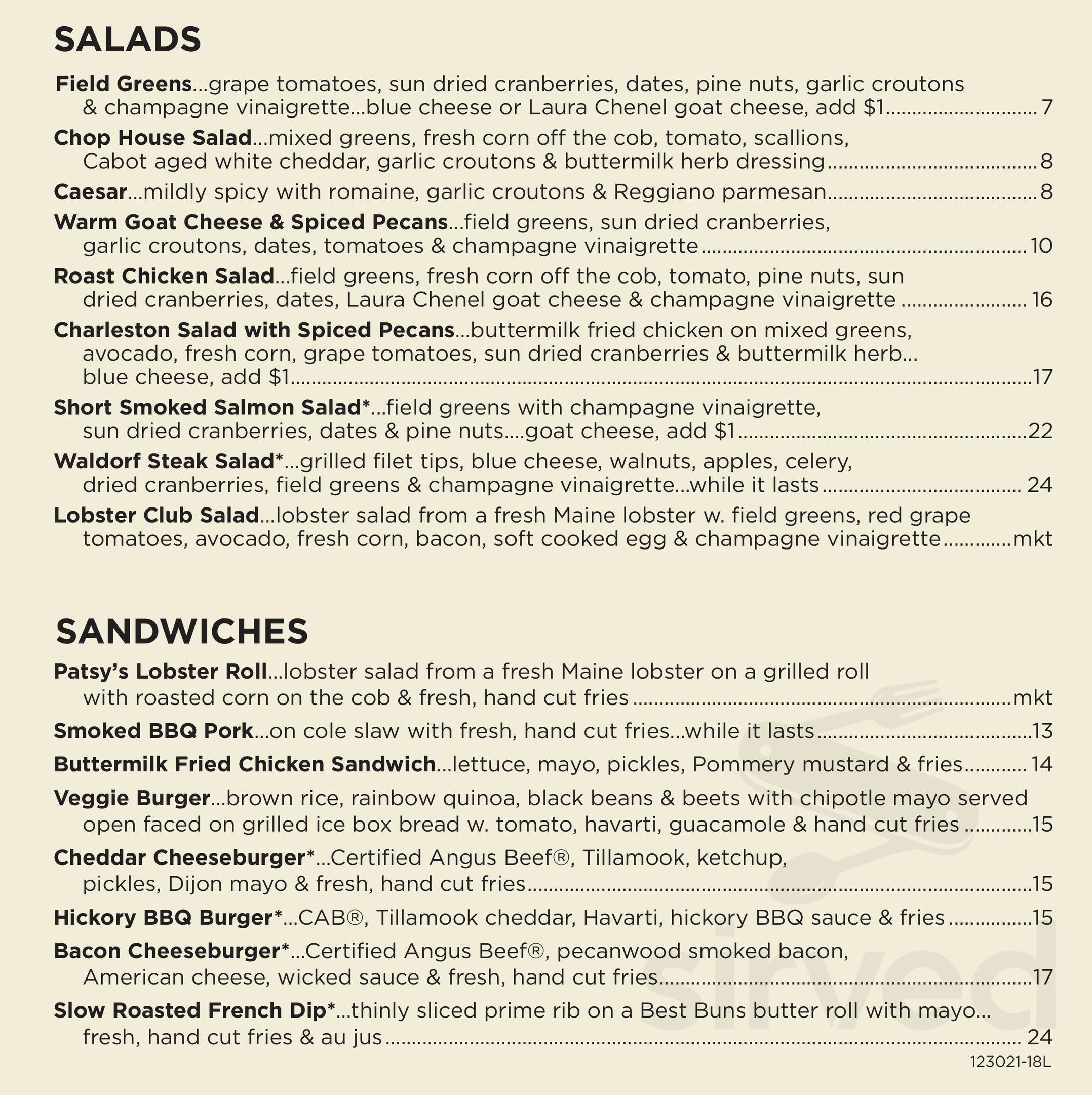 Patsy's American menu in Vienna, Virginia, USA