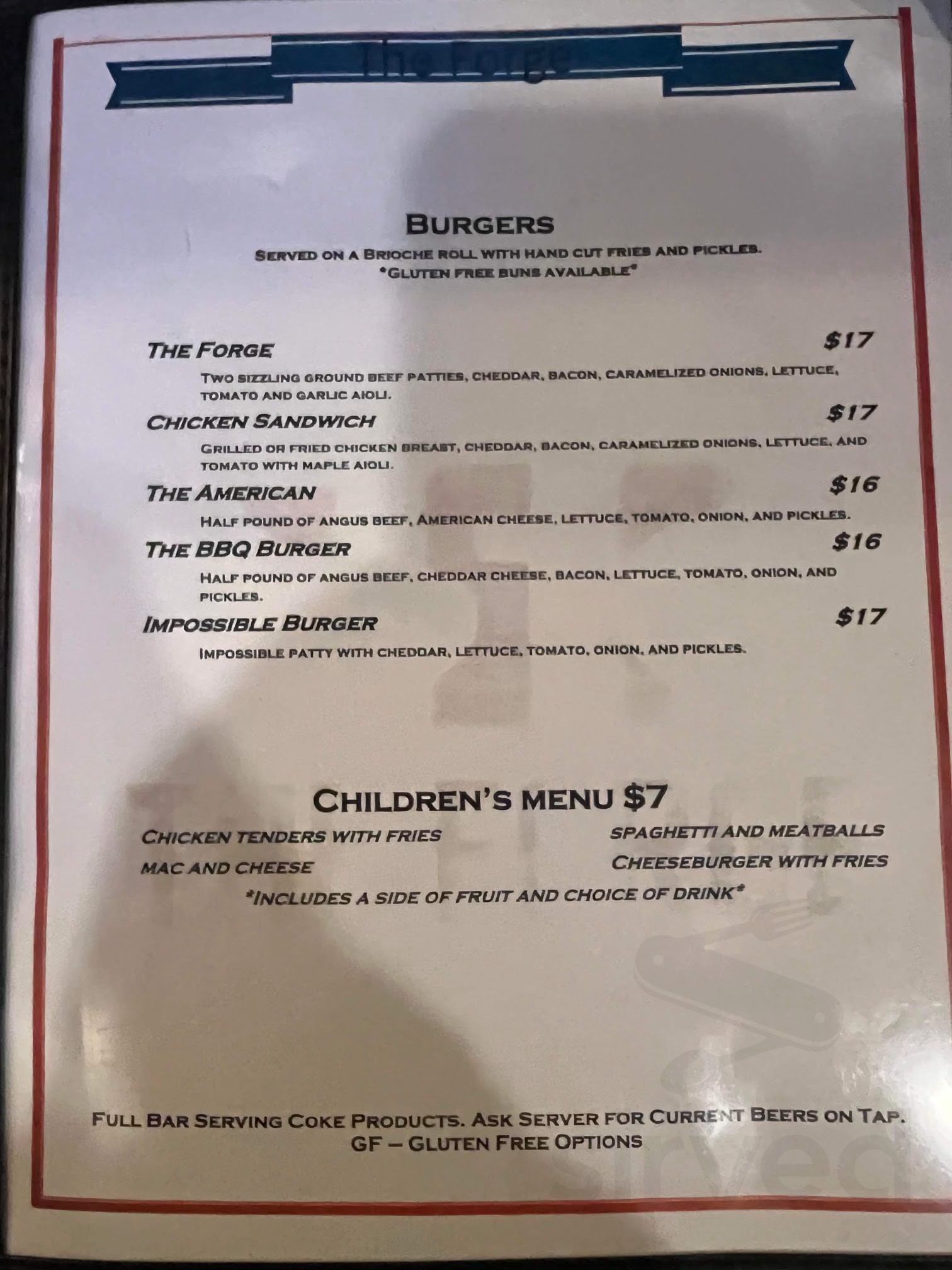 Menu - Randolph VT's The Forge | Sirved