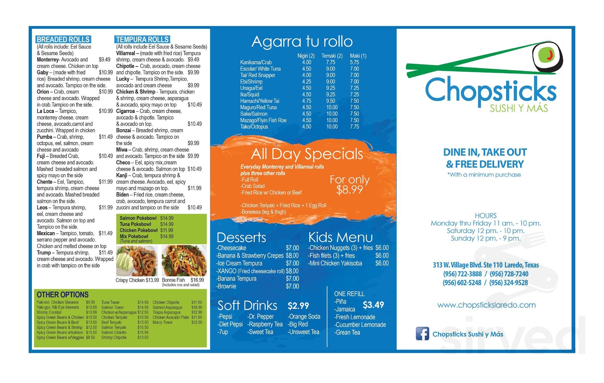 Chopsticks menu in Laredo, Texas, USA