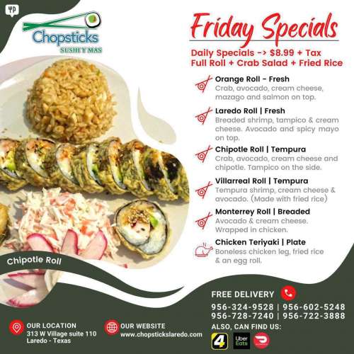 Chopsticks menu in Laredo, Texas, USA