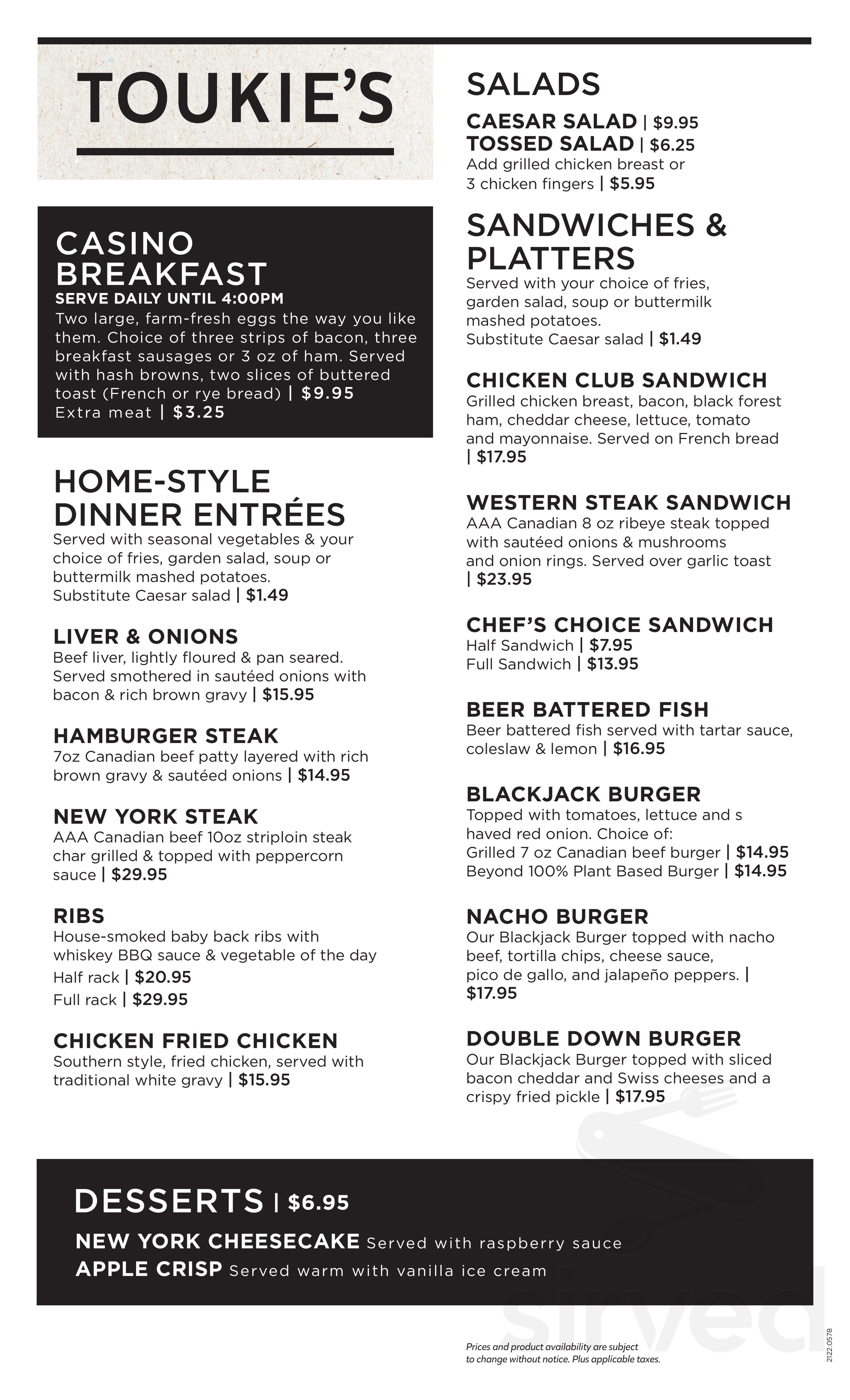 Club Regent Casino menu in Winnipeg, Manitoba, Canada