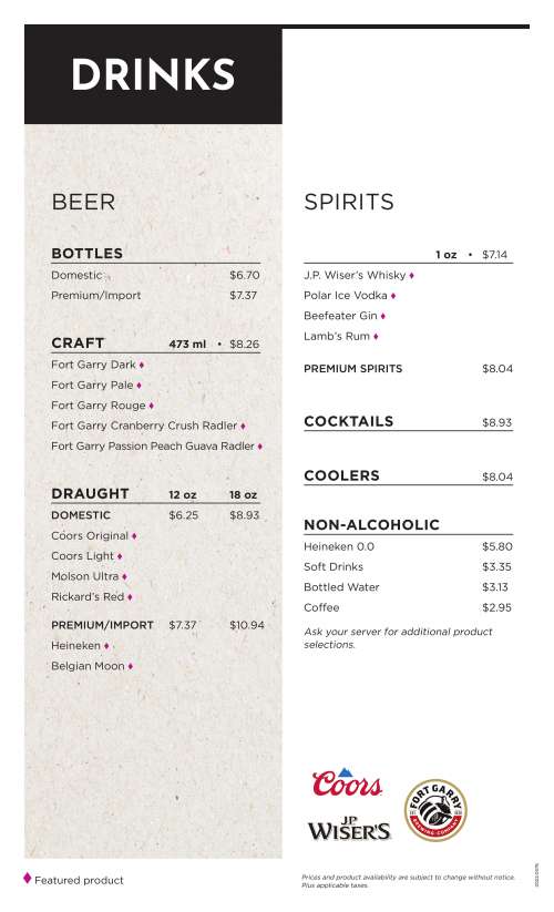 Club Regent Casino menu in Winnipeg, Manitoba, Canada