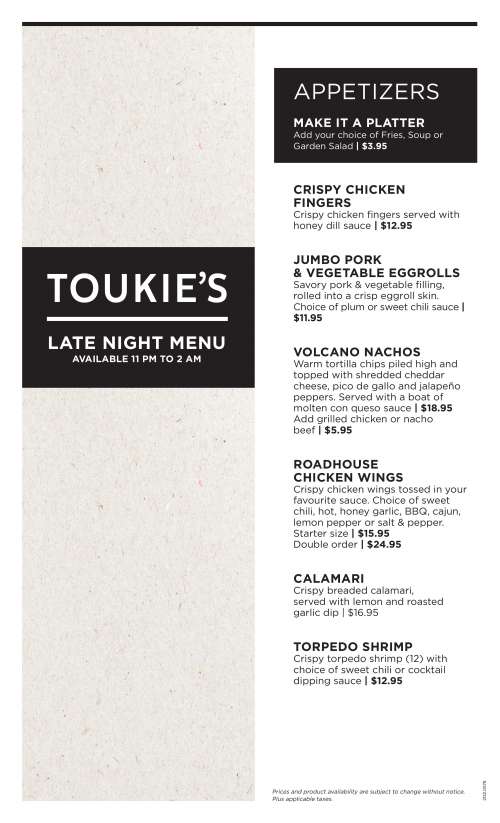 Club Regent Casino menu in Winnipeg, Manitoba, Canada