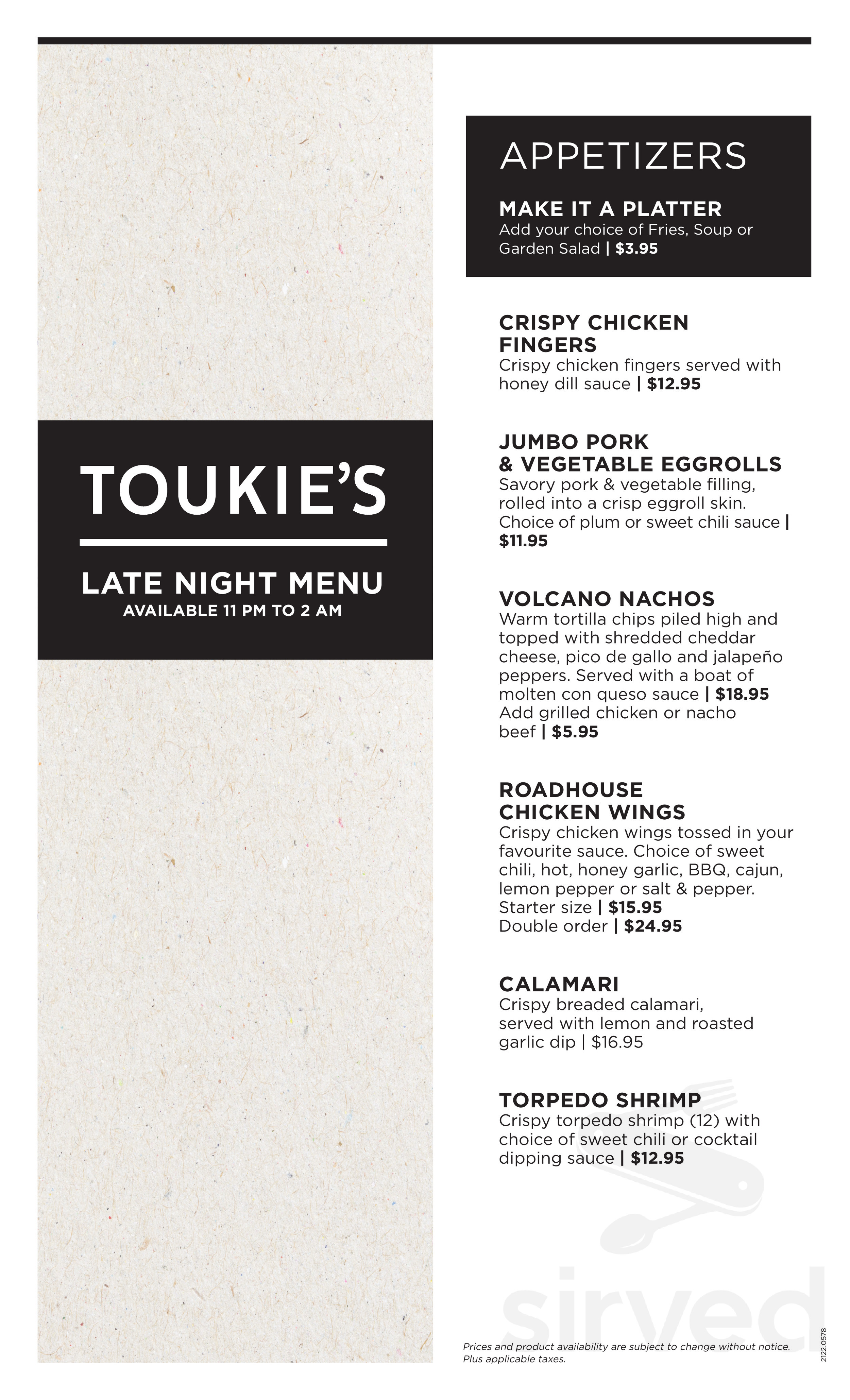 Club Regent Casino menu in Winnipeg, Manitoba, Canada