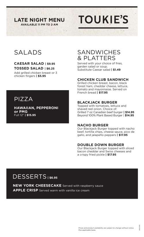 Club Regent Casino menu in Winnipeg, Manitoba, Canada