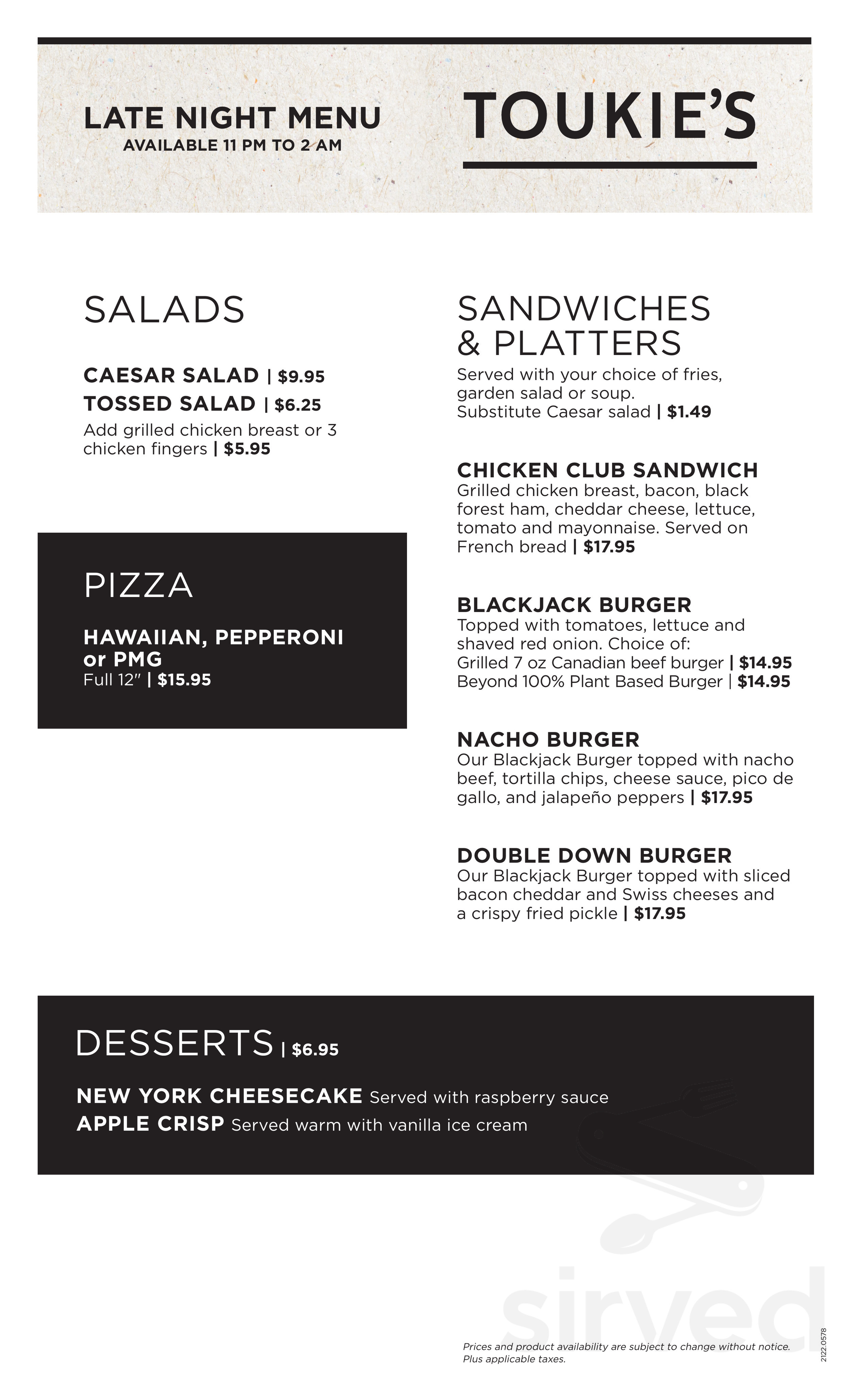 Menu for Club Regent Casino in Winnipeg, Manitoba, Canada