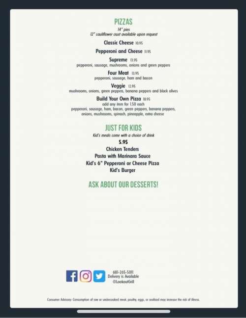 The Lookout Bar & Grill at Eagle View menu in Charleston, West Virginia ...