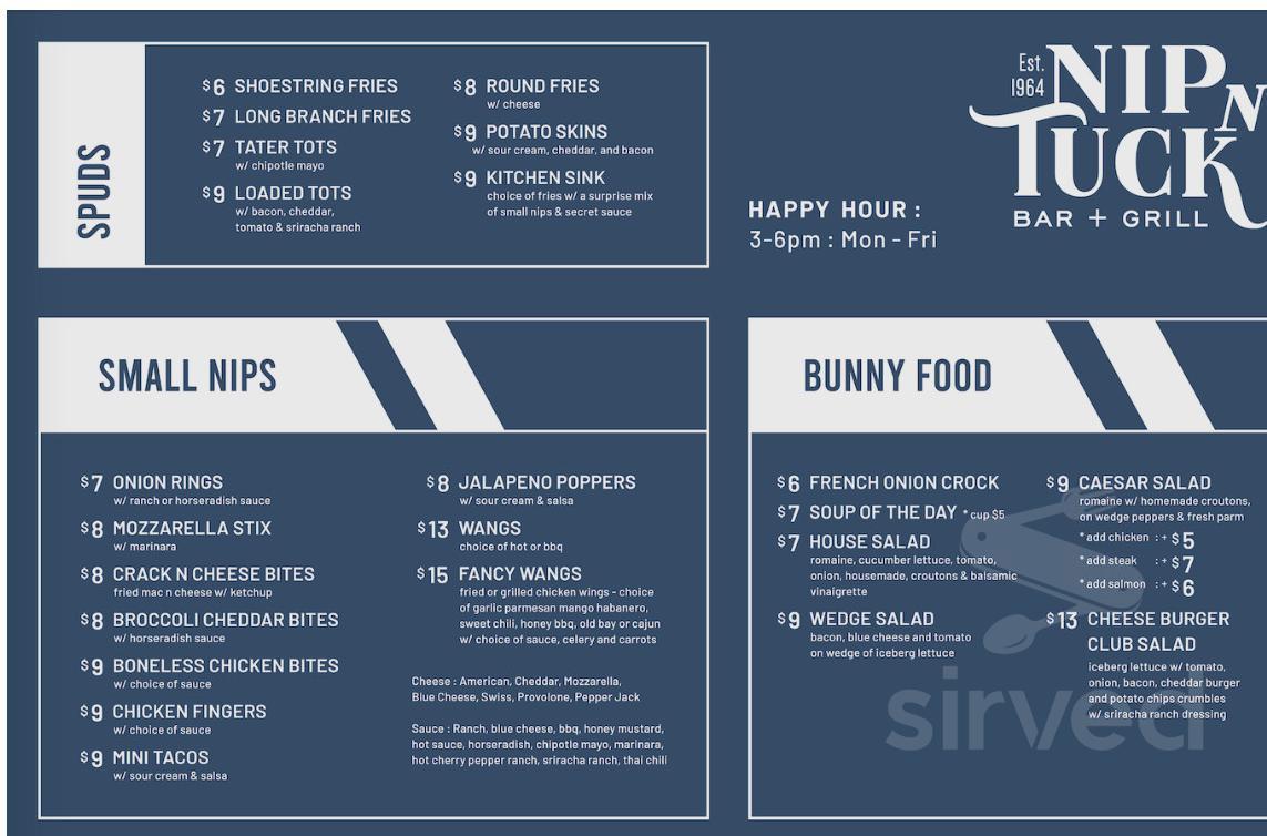 Nip n Tuck Bar & Package Goods menu in Long Branch, New Jersey, USA