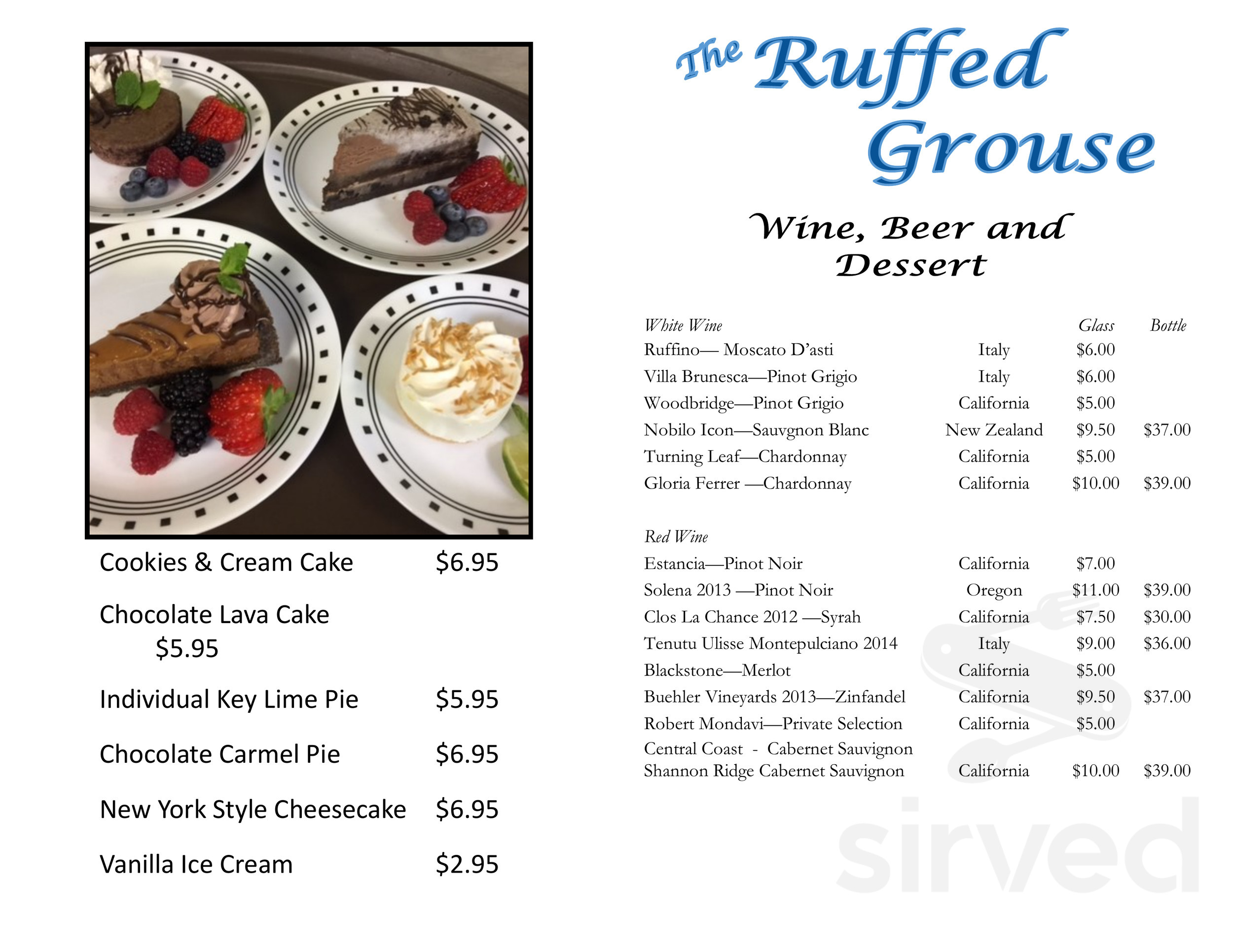 Menu for Pub 20 / The Ruffed Grouse in North East, PA | Sirved