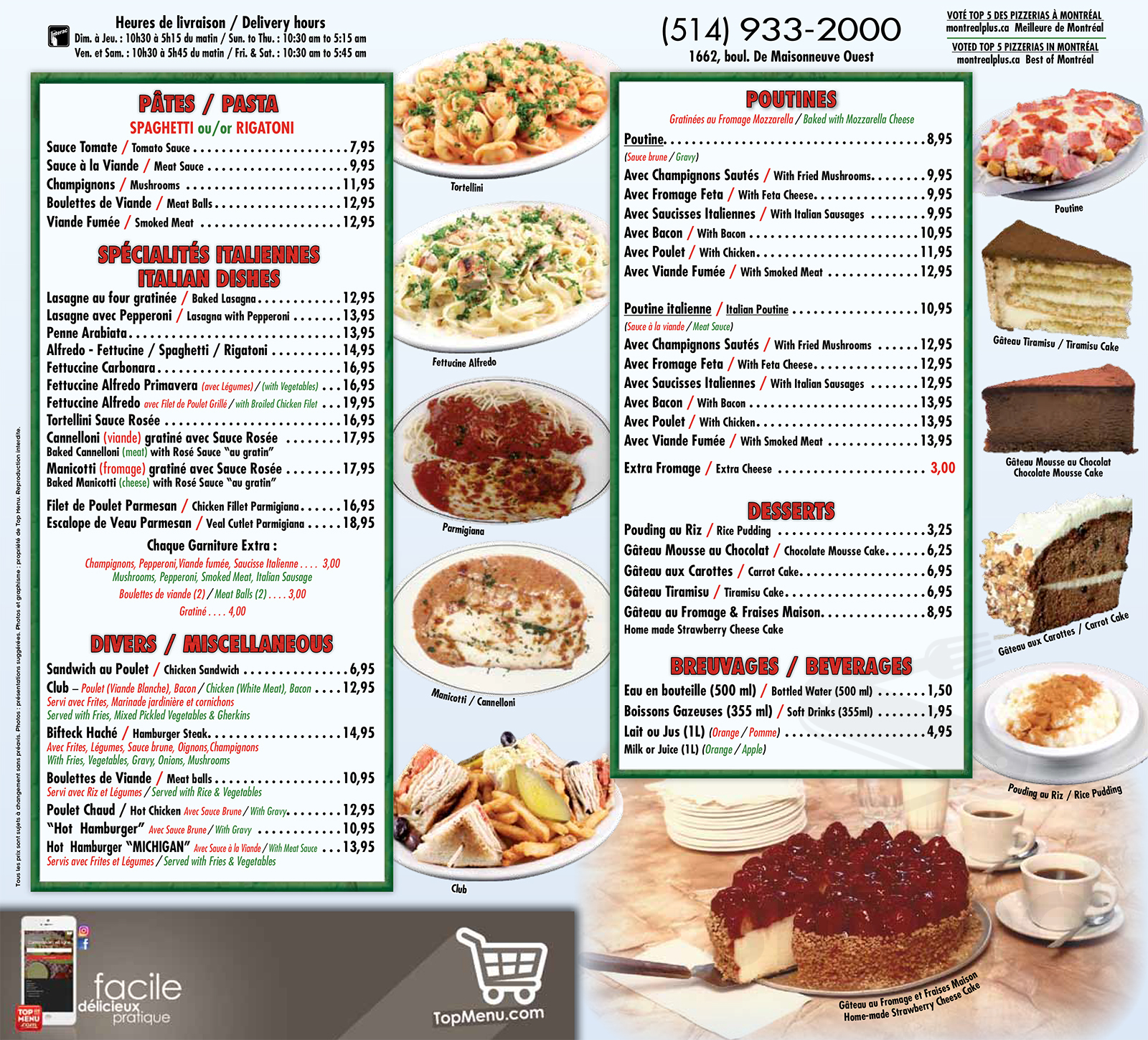 Angela Pizzeria & Restaurant menu in Montréal, Quebec, Canada