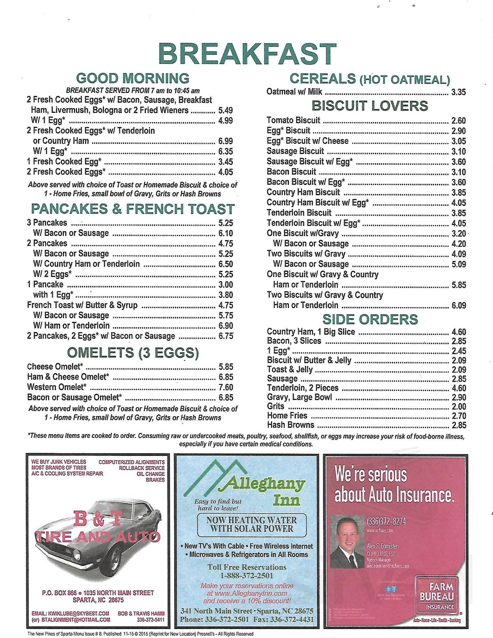Pines Restaurant of Sparta menu in Sparta, North Carolina, USA
