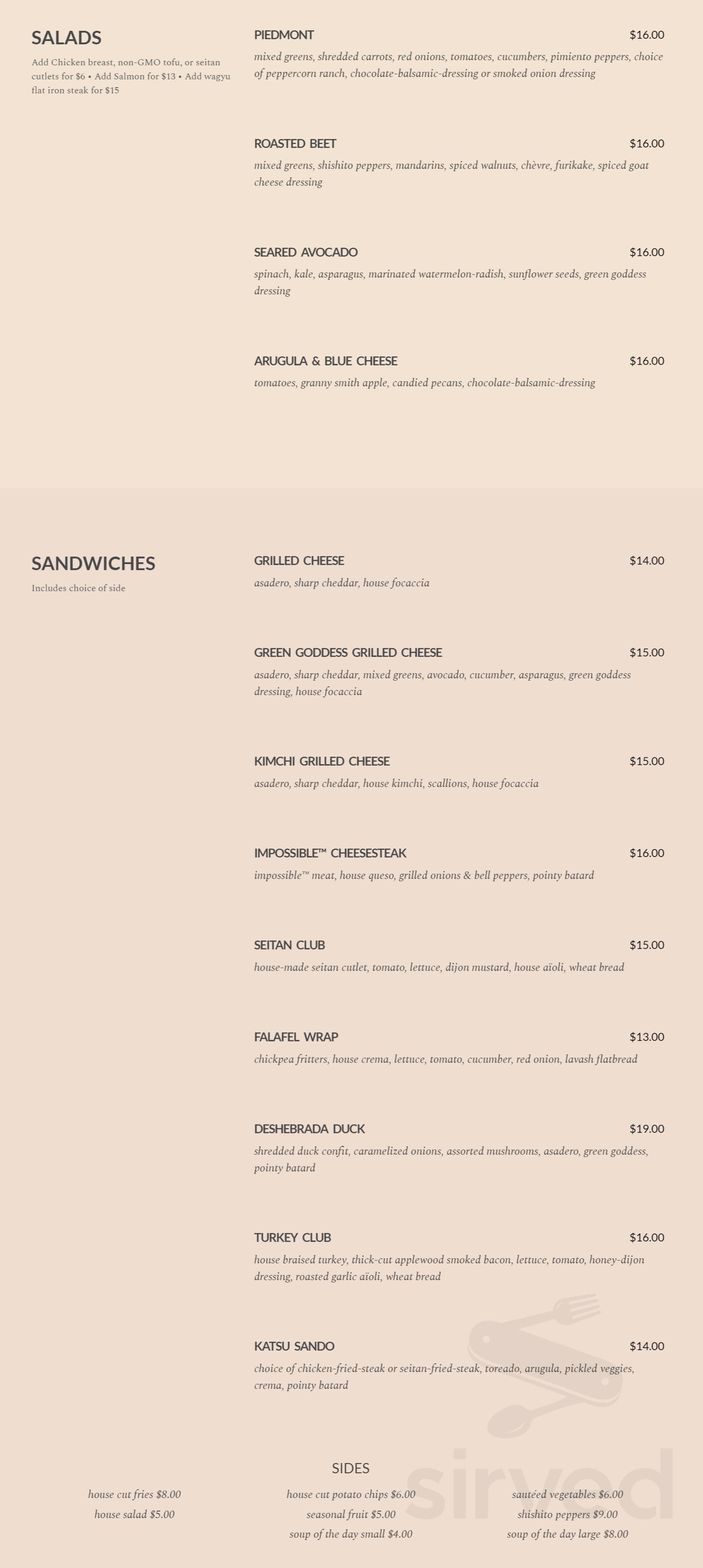 Piedmont Cafe menu in El Paso, Texas, USA