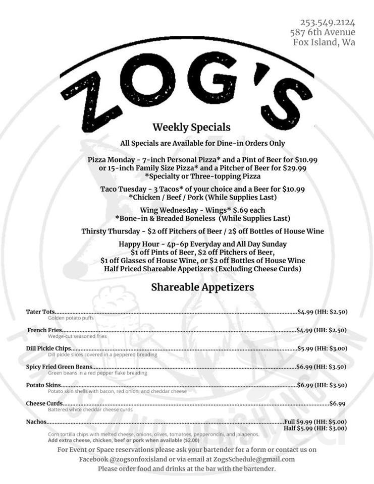 Menu for Zogs in Fox Island, WA | Sirved
