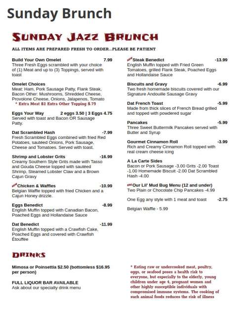 Dat Cajun Place Cafe menu in Panama City, Florida, USA