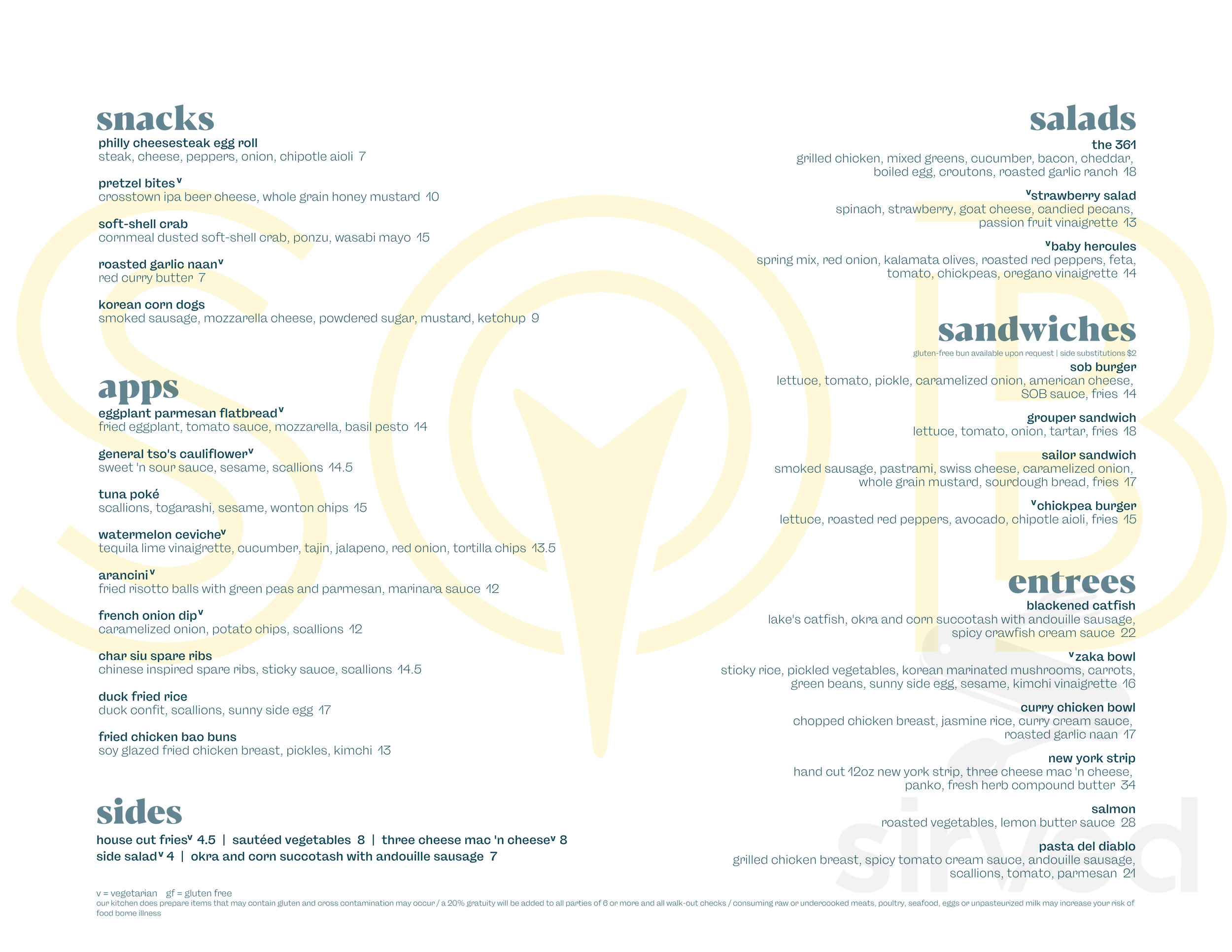 SOB Downtown menu in Memphis, Tennessee, USA