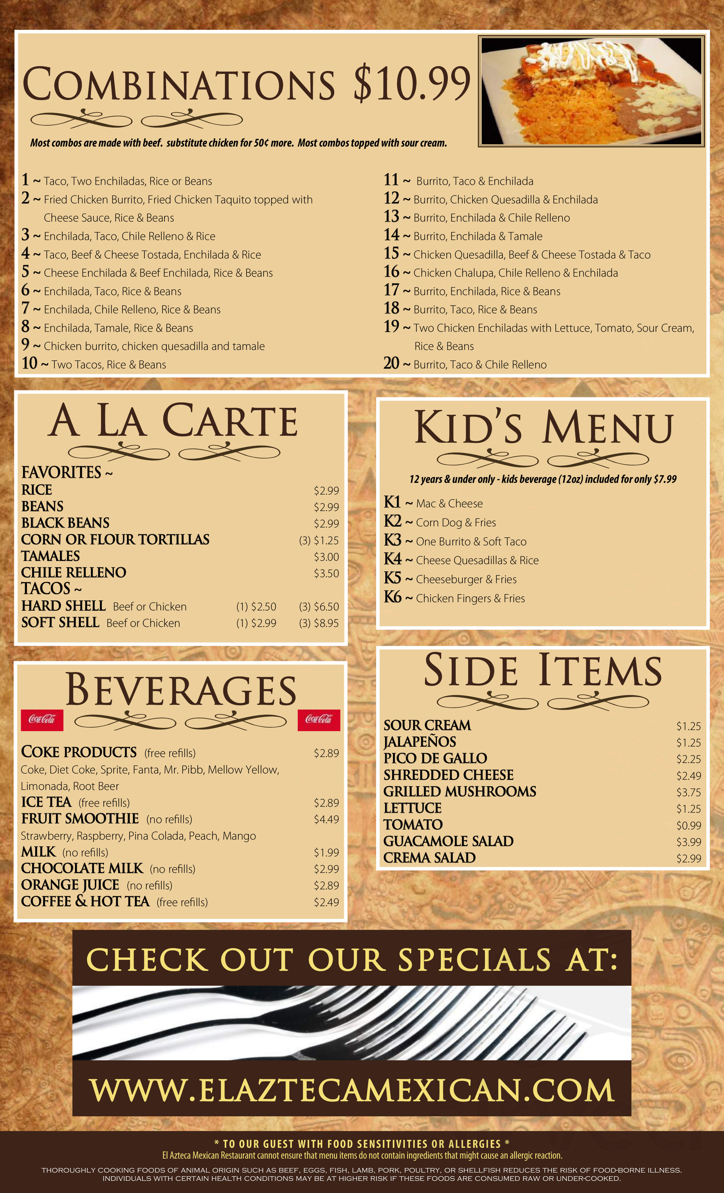 El Azteca menu in Apple Valley, Minnesota, USA