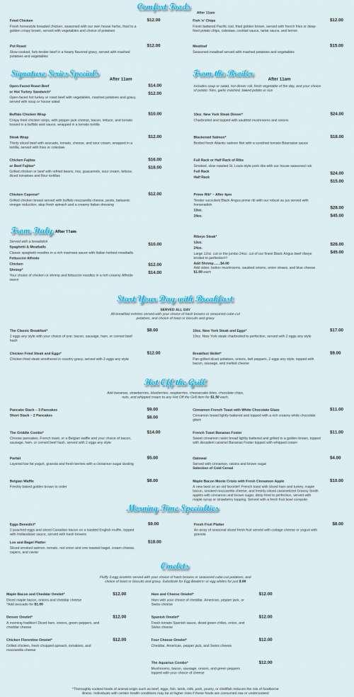 Cafe Aquarius menu in Laughlin, Nevada, USA
